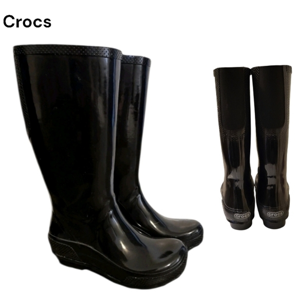 CROCS | Shoes | Crocs Knee High Tall Black Gloss Rain Ride Boot ...